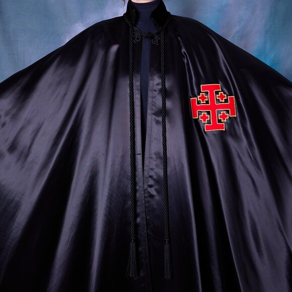 Vintage | Jackets & Coats | Fabulous Long Satin Black Cape With Rope ...